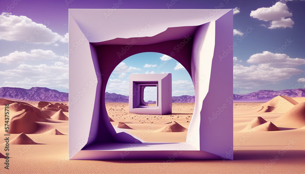 Surreal Desert Landscape, White Clouds and Purple Square portals, Sunny ...