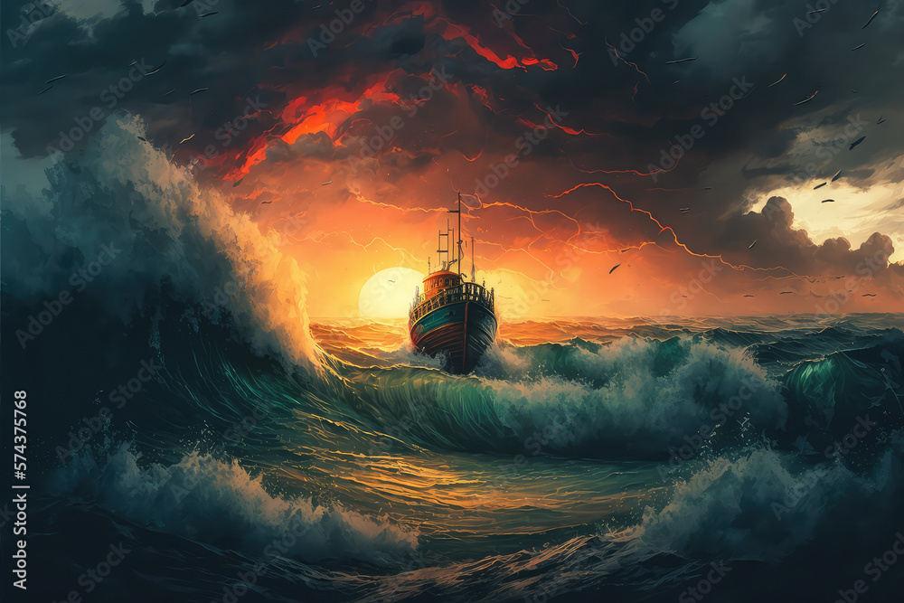 illustration painting Pirate ship navigating during a storm. Thunder ...