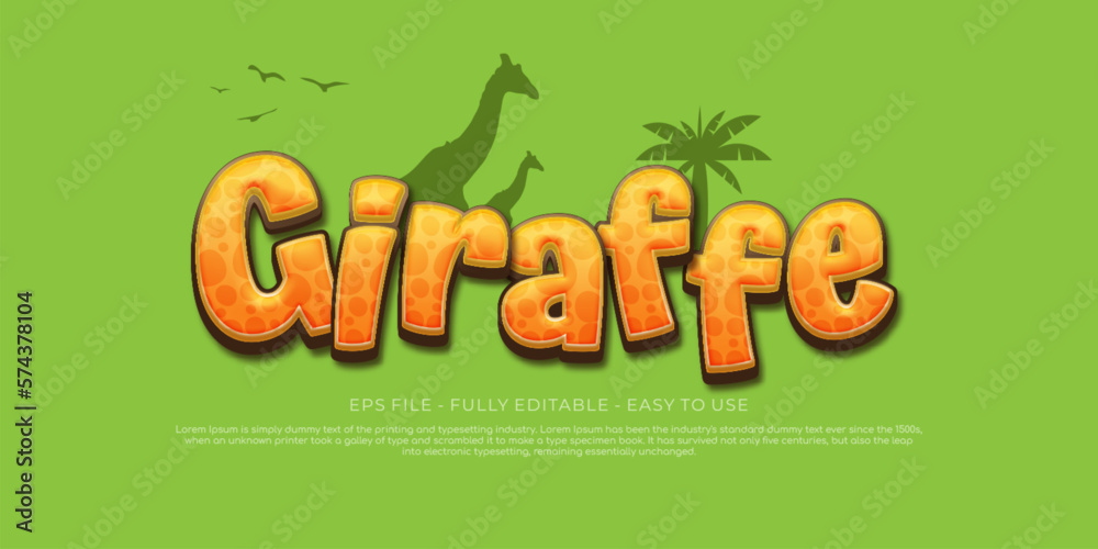 Three dimension text giraffe with editable comic style effect template ...