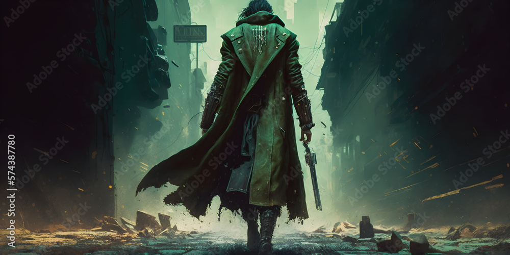 dark gritty, post apocalyptic western, a gunslinger in a worn malachite ...