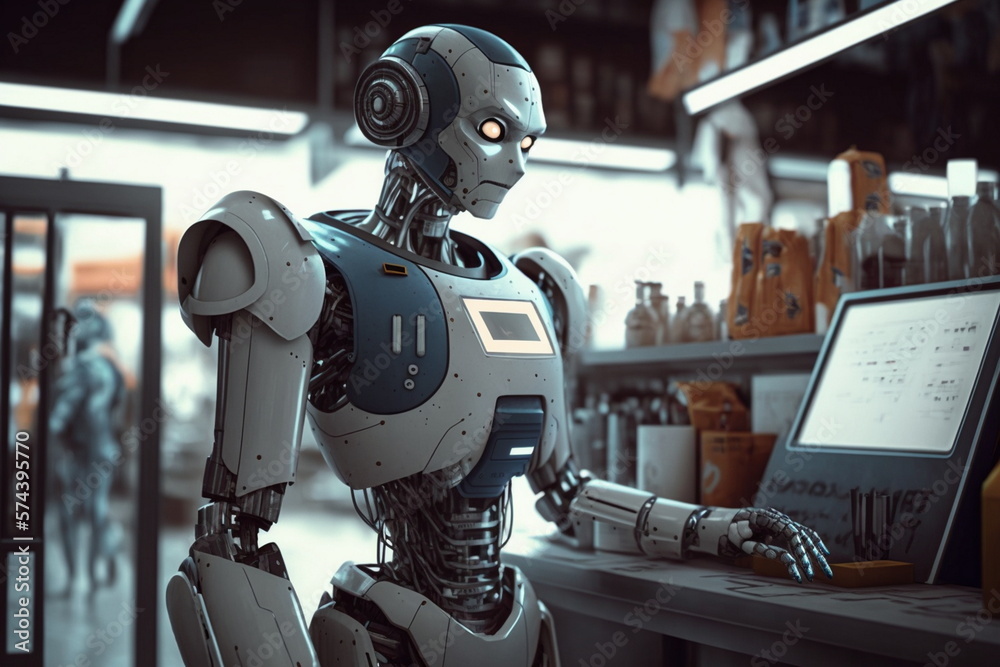 Humanoid robot work on POS system. Generative AI. Stock Illustration ...