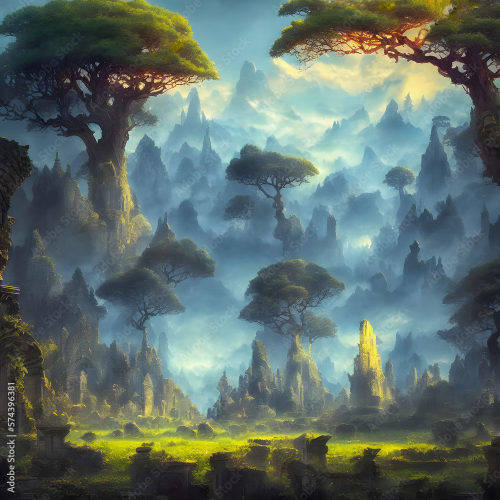 Generative AI landscape showing ancient forest and mountain range with ...