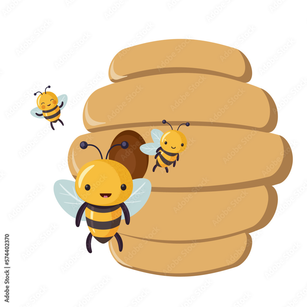 Bee hive and its inhabitants. Cartoon bee cute characters in flat style ...