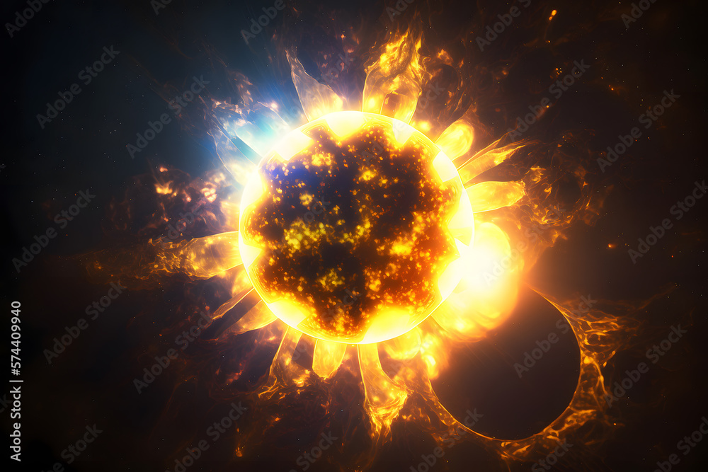 Sun star with large bursts vortex of plasma on dark background sky in ...