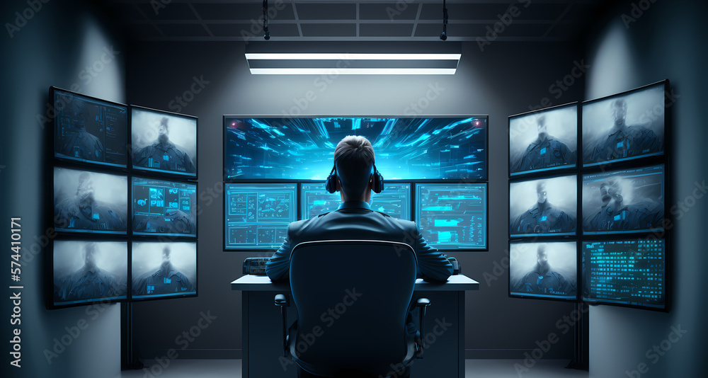 Security guard monitoring Computer Screen CCTV cameras indoors ...