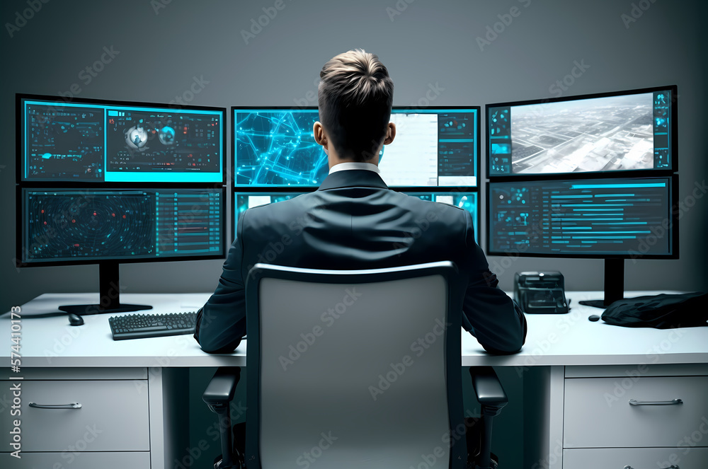 Security guard monitoring Computer Screen CCTV cameras indoors ...