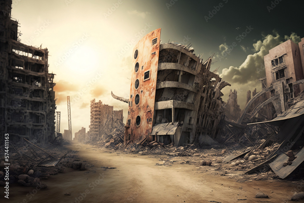 Apocalyptic aftermath of destroyed city buildings after a catastrophic ...