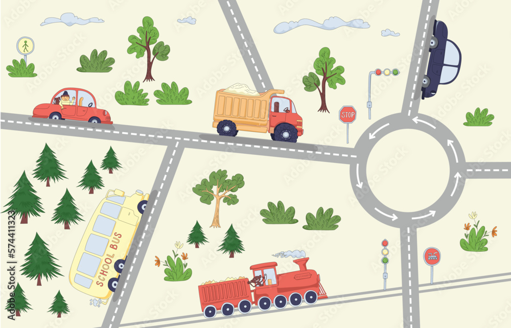 Vector Cars on Road Illustration with Traffic Light, Truck, Taxi, Train ...