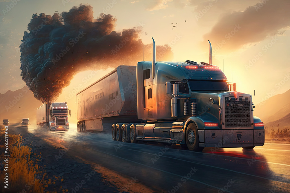 Heavy-duty transport trucks on the highway delivering cargo containers ...