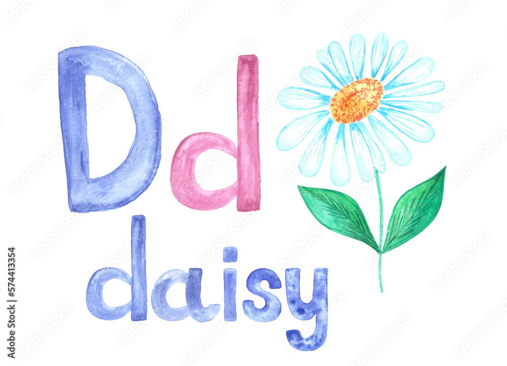 Aquarelle letter D for written word "daisy", pictured book, card for ...