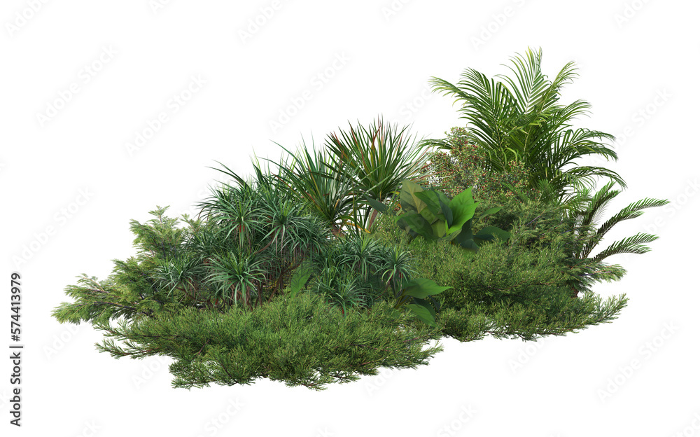 A small garden decorated with many plants on a transparent background ...