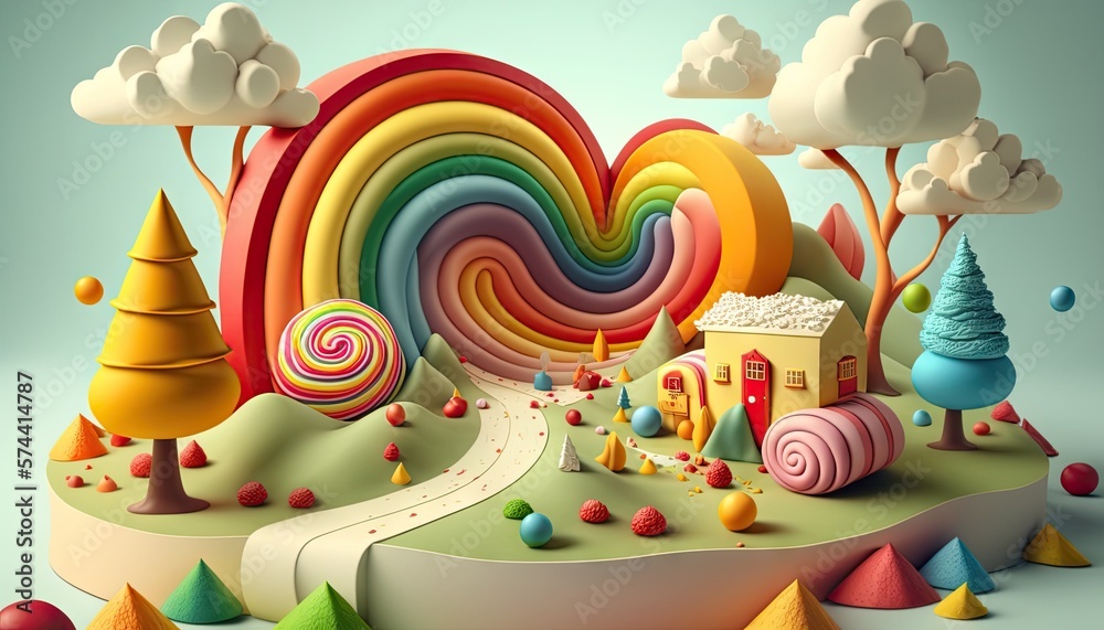 Candyland Dreams: 3D Cute Illustration of Rainbow-Colored Fantasy ...