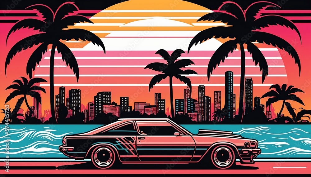 beach with palm trees, vice city style, 80s, generate ai Stock ...