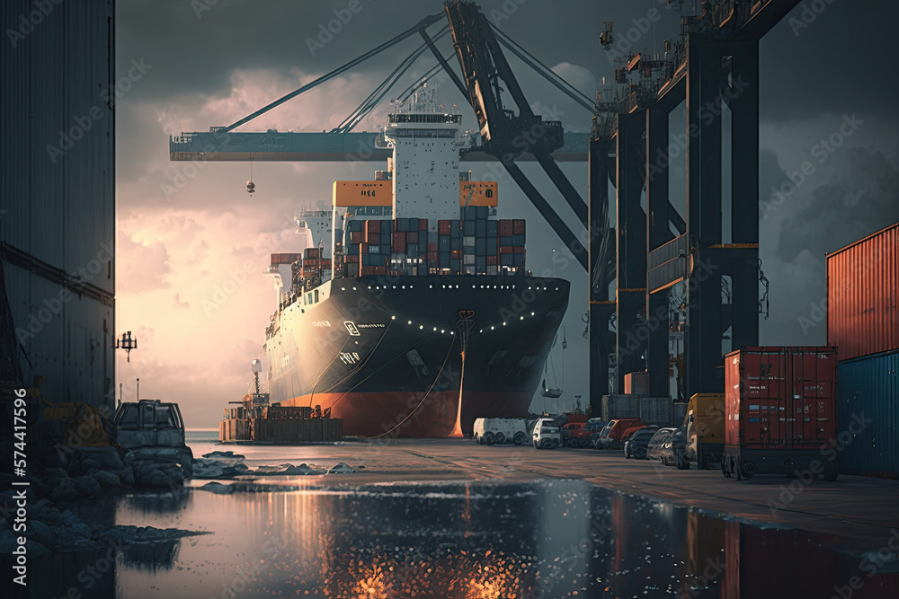 Heavy-duty transport vessel or freighter at the shipping dock with ...