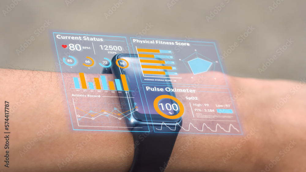 Futuristic hologram infographic display on smartwatch, 3d rendering ...