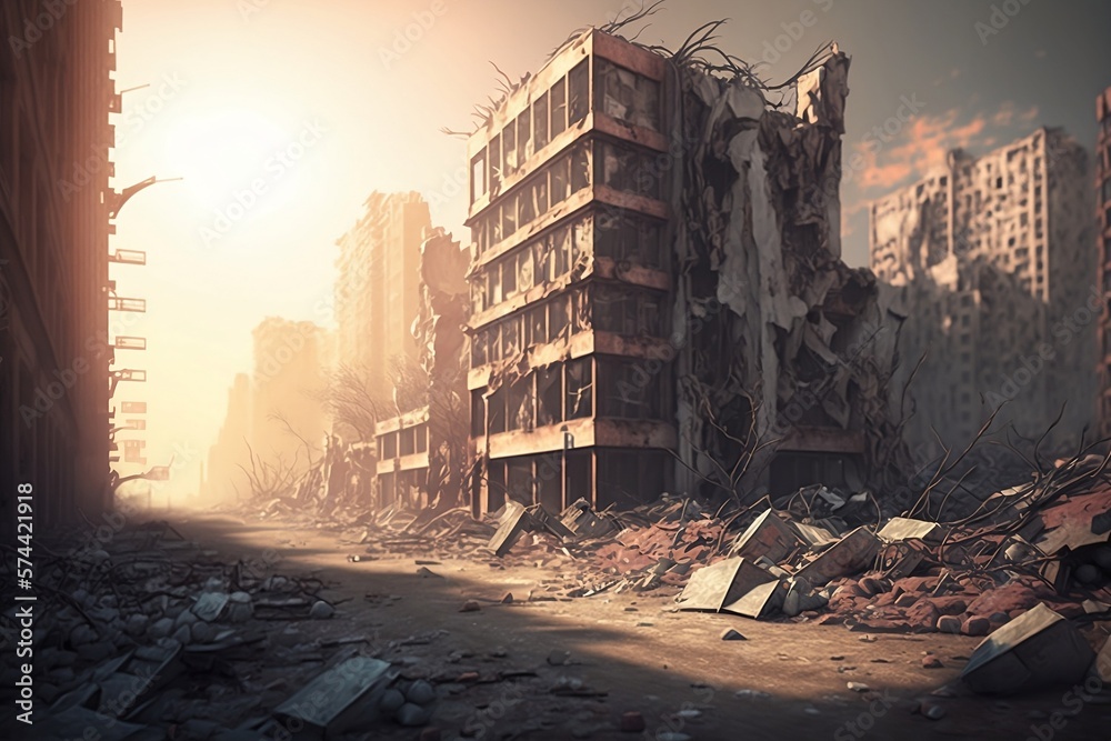 Destroyed city buildings after war - AI generated Stock Illustration ...