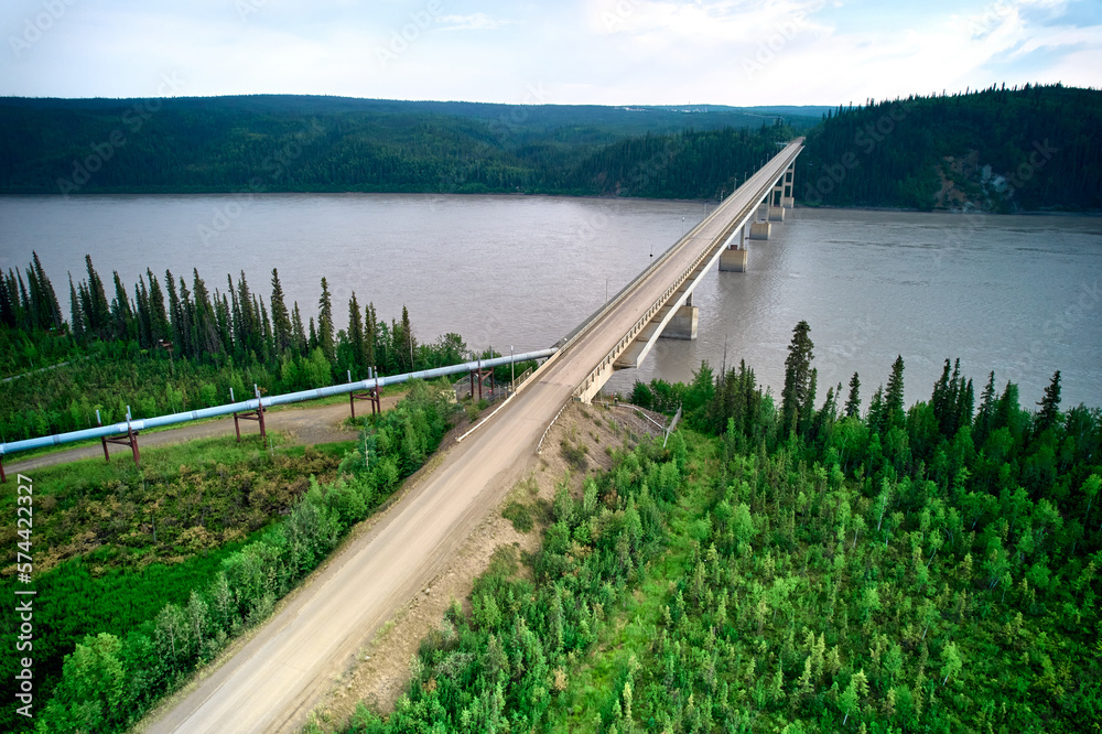 Aerial Drone image of the wood plank Yukon River Bridge looking south ...