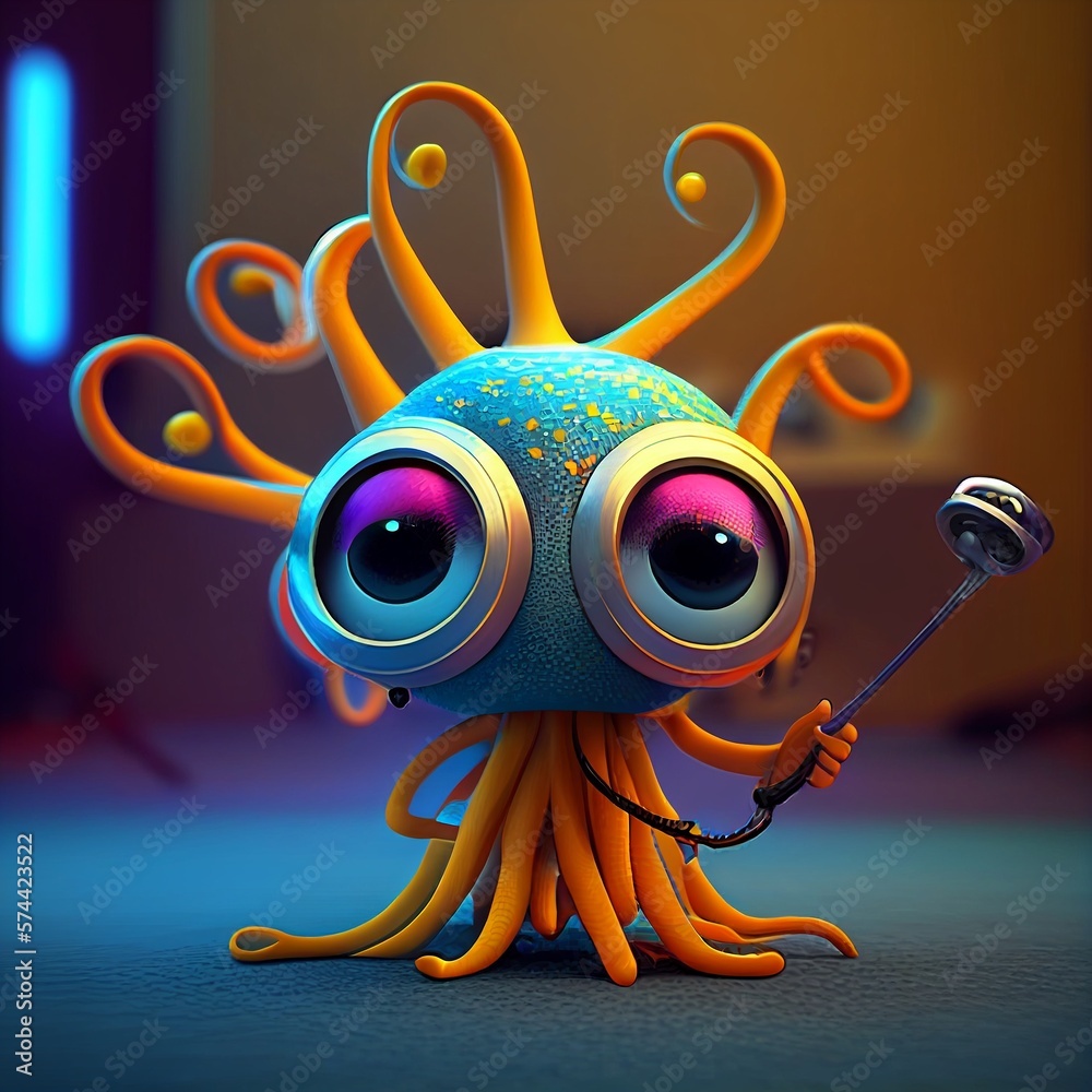 Bunte lustige Disco Alien Krake mit Mikrofon. Kunstvolle cartoon 3D ...