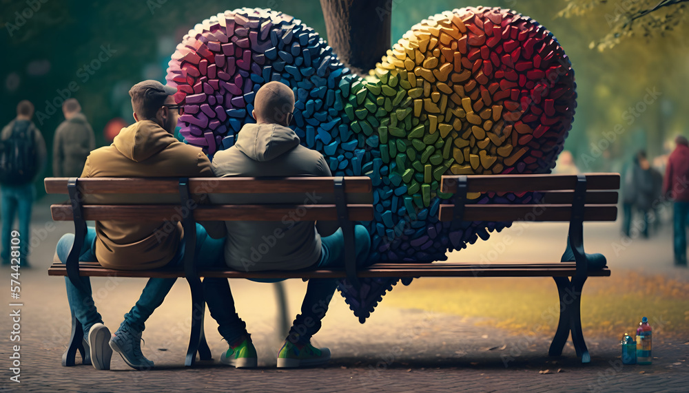 Two lovers sit on a bench against the heart of a love symbol created ...