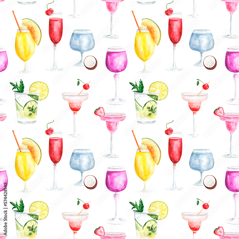 Cocktails watercolor seamless pattern. Alcoholic cocktails. Non ...