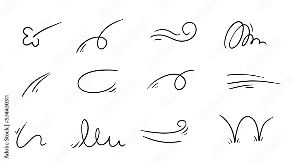 Wind doodle line shape set. Air wind flow, spiral, curve hand drawn ...