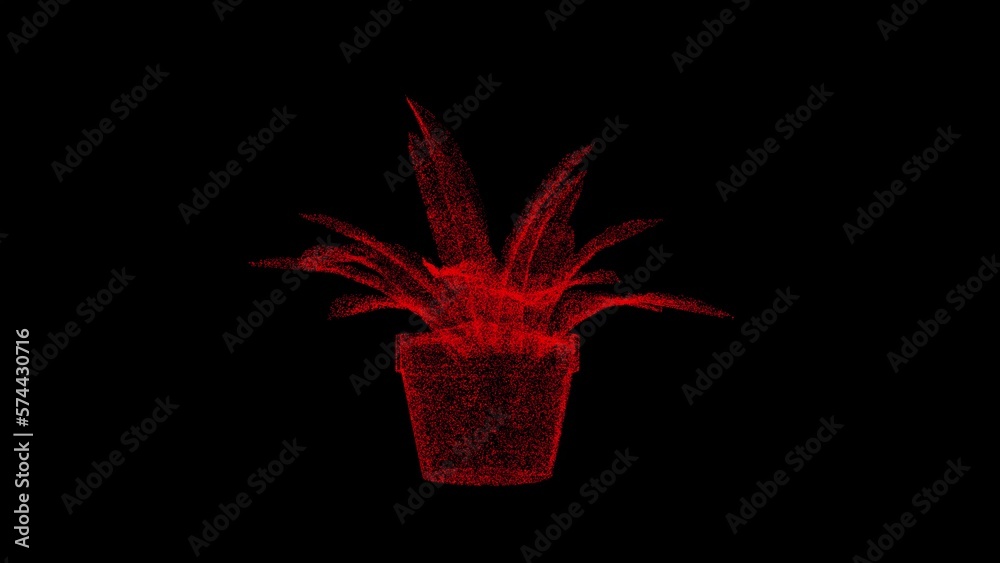 3D pot with flower on black bg. Object dissolved red flickering ...