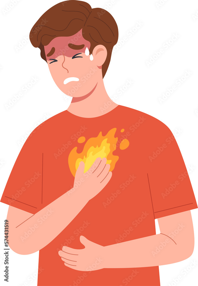 Man having heartburn symptom. Feeling like fire burning at chest area ...