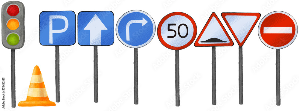 Road signs and traffic lights clip-art set. Orange traffic cone ...