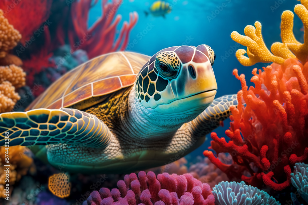 turtle swimming underwater in colorful coral reef. tropical marine life ...