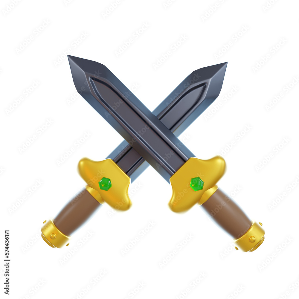 3d Render of a medieval two swords crossed cartoon style 3d icon. 3d ...