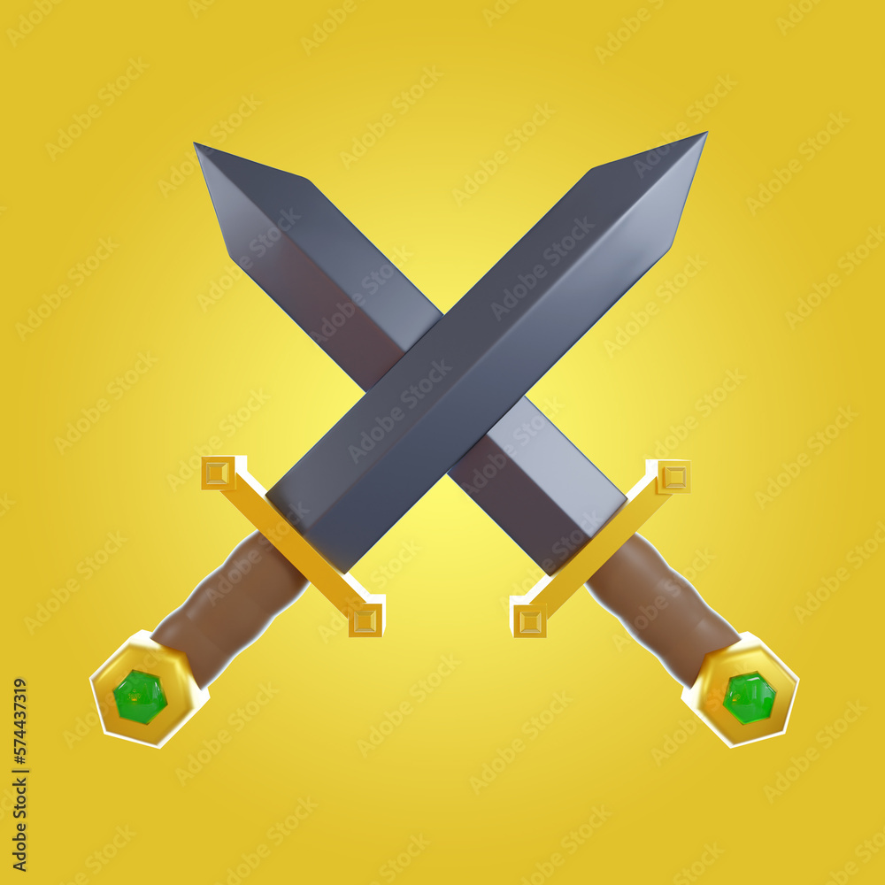 3d Render of a medieval two swords crossed cartoon style 3d icon. 3d ...