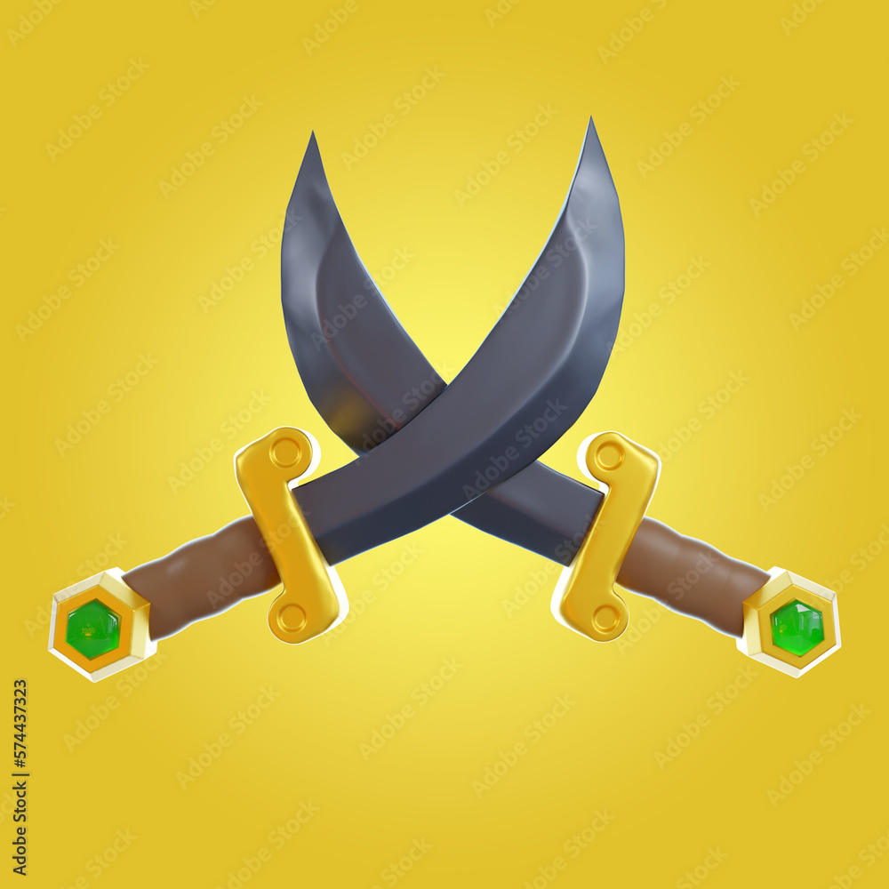 3d Render of a medieval two swords crossed cartoon style 3d icon. 3d ...