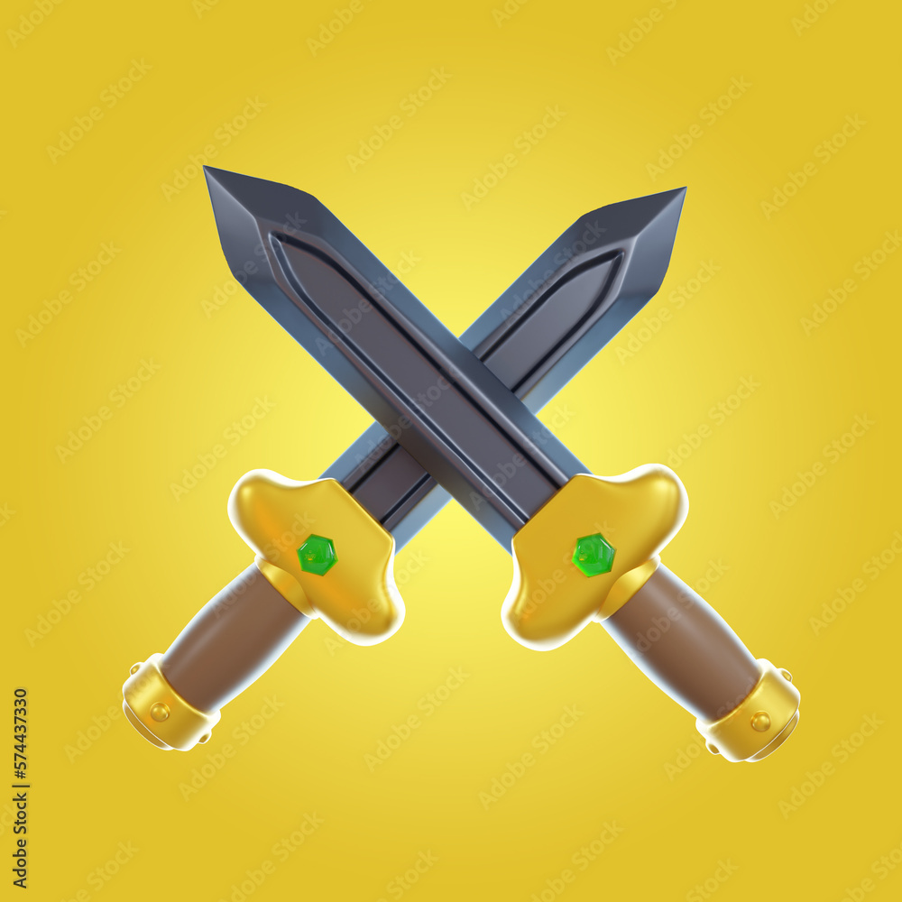 3d Render of a medieval two swords crossed cartoon style 3d icon. 3d ...