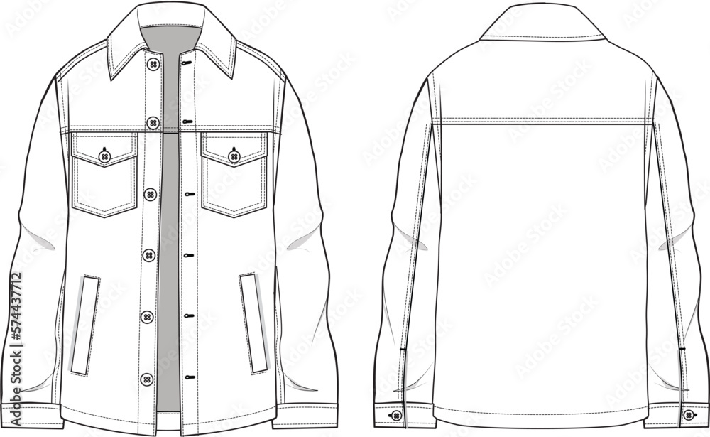 Unisex Denim Jacket- Technical fashion illustration. Front and back ...