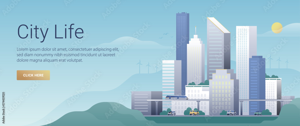 Flat vector illustration of a city road landscape with public ...