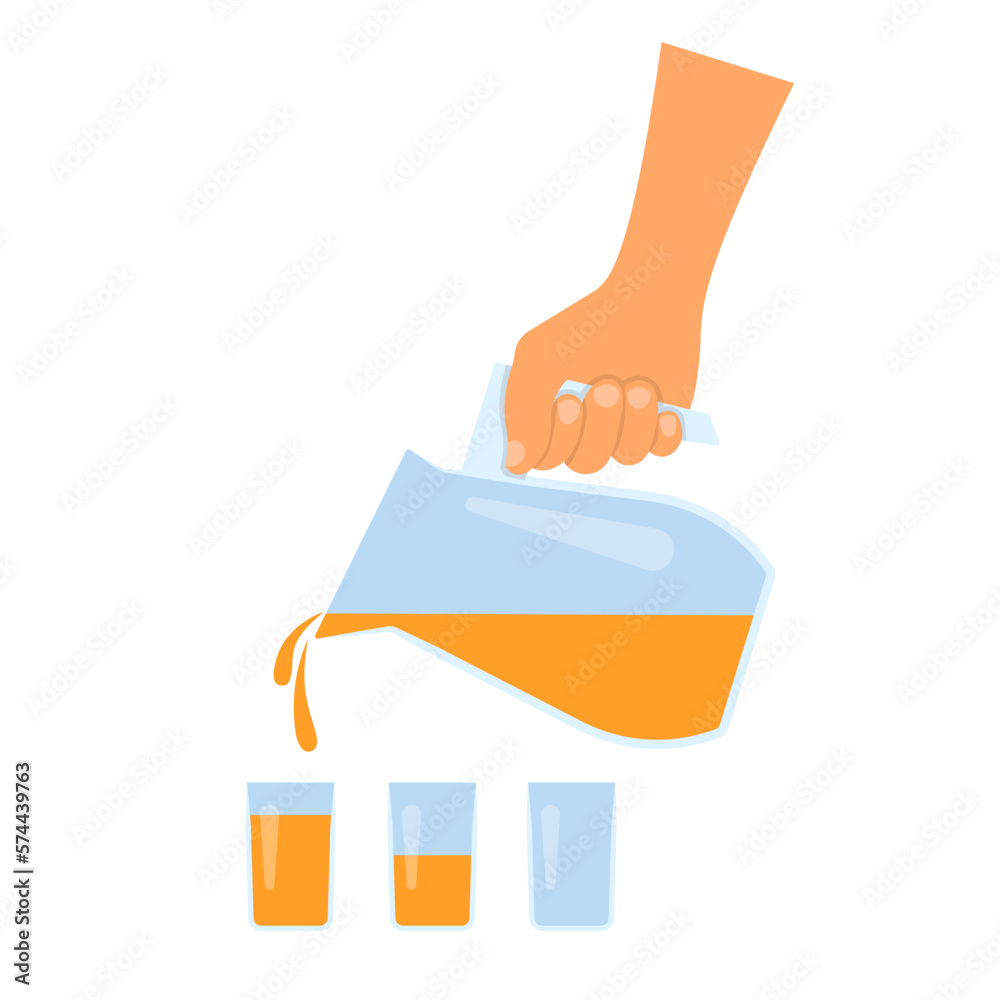 Hand pouring orange juice from jug in glasses. Full and emplty glasses ...
