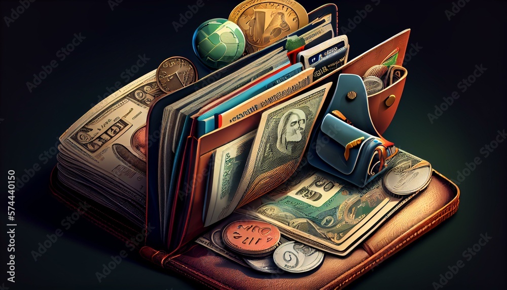 A detailed illustration of a wallet overflowing with cash, coins, and ...