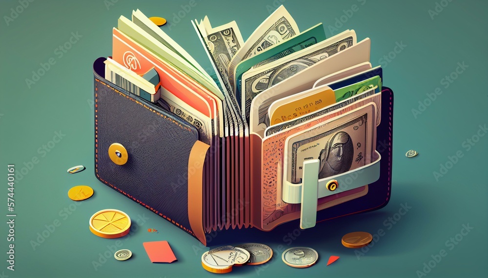 A detailed illustration of a wallet overflowing with cash, coins, and ...