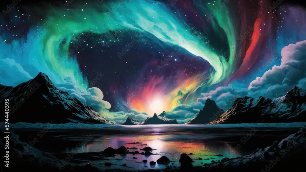 Aurora Borealis Northern Lights over Majestic Mountains and Lake Looped ...