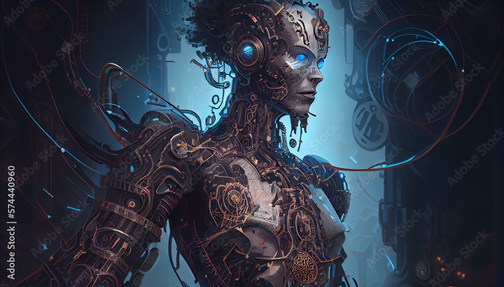 A detailed illustration of a cyborg with intricate mechanical parts and ...