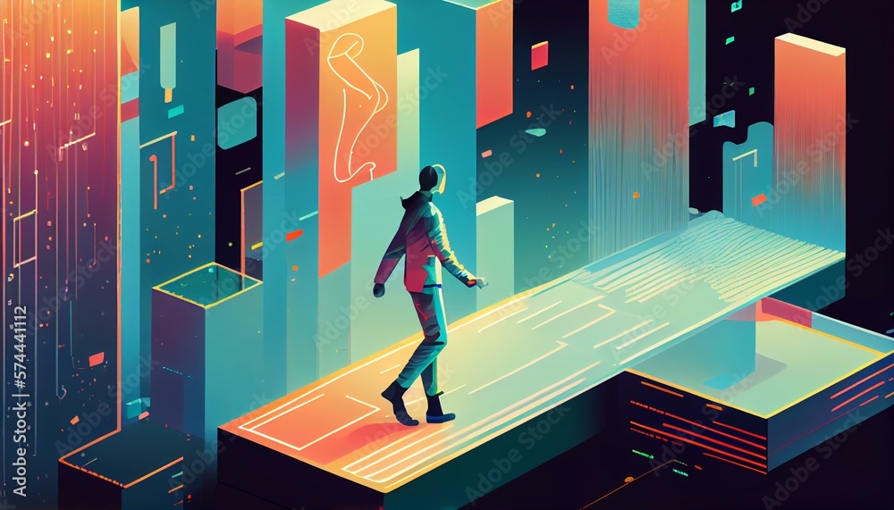 An illustration of a person walking on a floating platform with ...