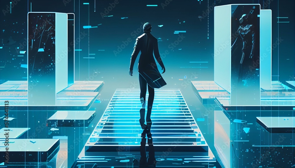 An illustration of a person walking on a floating platform with ...