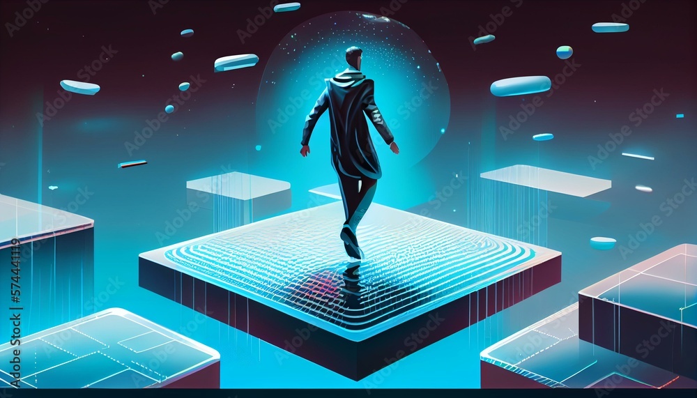 An illustration of a person walking on a floating platform with ...