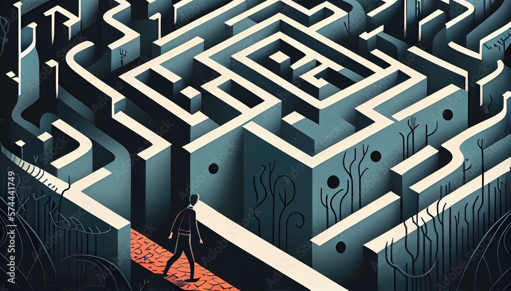 An illustration of a person walking through a maze of geometric shapes ...