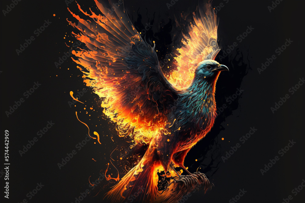 Phoenix bird with wings on fire. Mythological folklore spiritual ...