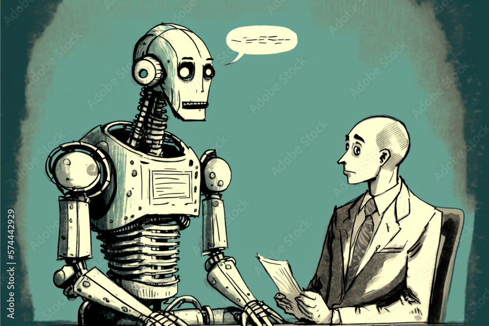 Futuristic android or AI cyborg robot talking to a human. Artificial ...