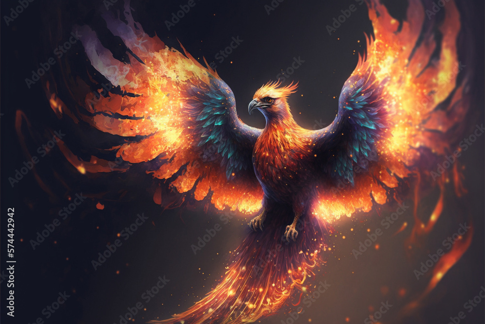 Phoenix bird with wings on fire. Mythological folklore spiritual ...