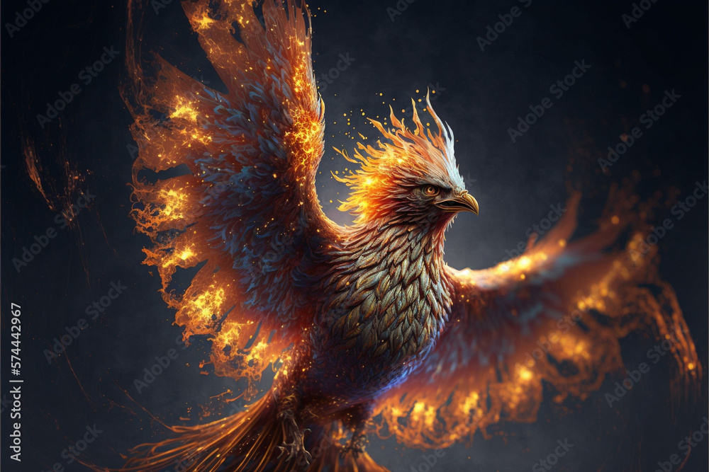 Phoenix bird with wings on fire. Mythological folklore spiritual ...