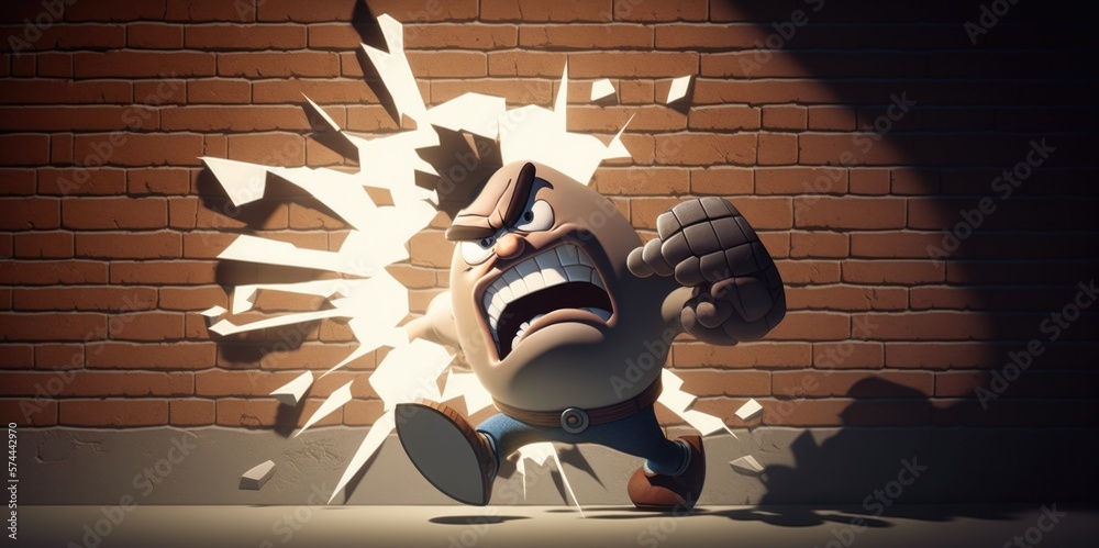 Cartoon Character Kicking a Cracked Wall with Fury, generative ai Stock ...