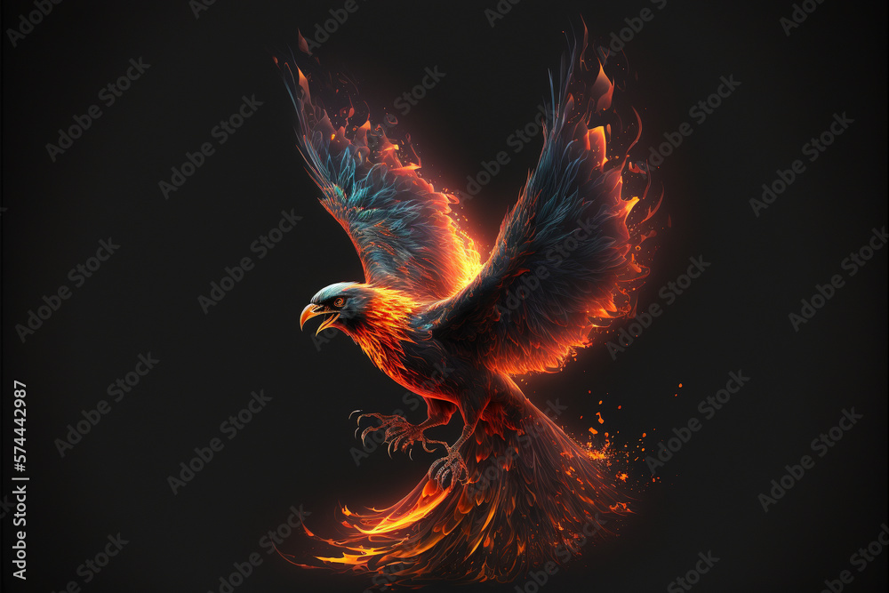 Phoenix bird with wings on fire. Mythological folklore spiritual ...